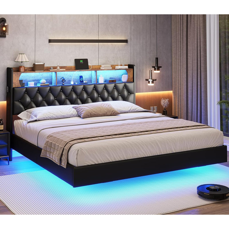 Wrought Studio Floating Bed Frame King Size With Rgb Led Lights Headboard Outlets And Usb Ports Pu Leather Upholstered Platform Bed With Storage Headboard solid Wood Slats Support pu Black Reviews Way...